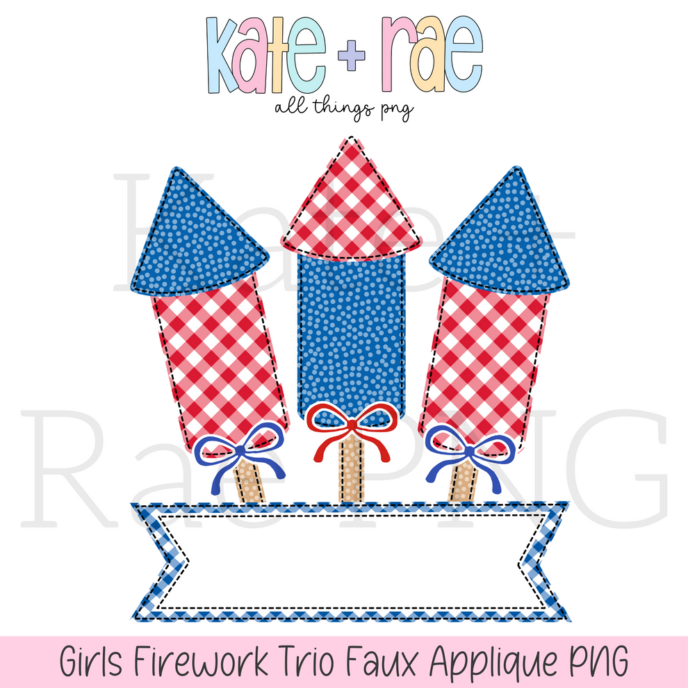 Girls Firework Trio Faux Applique with Name Plate PNG – Kate + Rae Designs