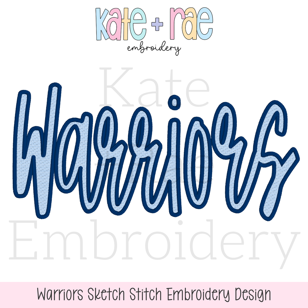 Warriors Script Sketch Stitch with Satin Stitch Outline Embroidery Des ...
