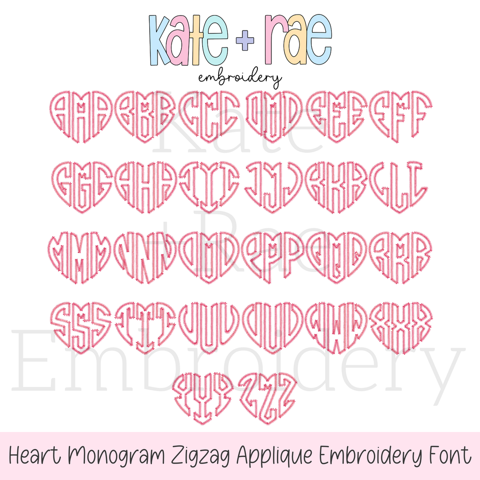 Heart Monogram Zigzag Stitch Applique Embroidery Design – Kate + Rae Designs