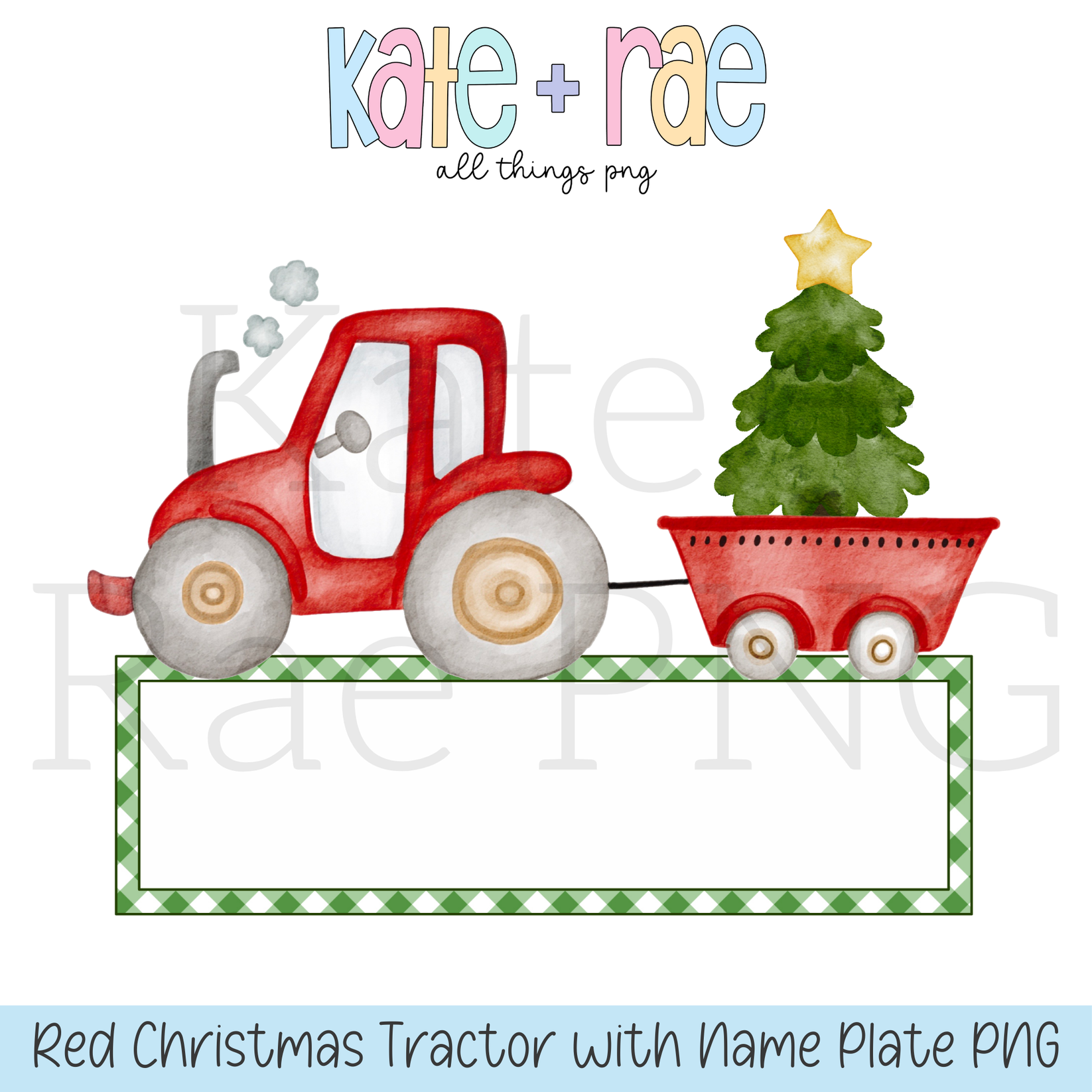 Boy's Watercolor Christmas Tractor with Name Plate PNG – Kate + Rae Designs